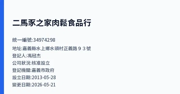 二馬豕之家肉鬆食品行的照片-統編 34974298(嘉義縣) 公司登記資料與營業項目詳細圖表