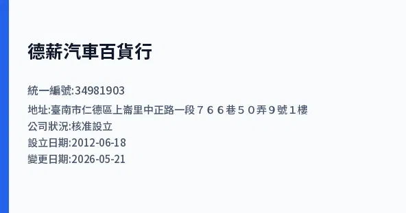 德薪汽車百貨行的照片-統編 34981903(臺南市) 公司登記資料與營業項目詳細圖表