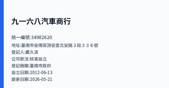 九一六八汽車商行的照片-統編 34982620(臺南市) 公司登記資料與營業項目詳細圖表