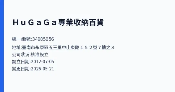 HuGaGa專業收納百貨的照片-統編 34985056(臺南市) 公司登記資料與營業項目詳細圖表