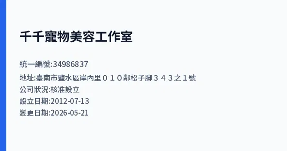 千千寵物美容工作室的照片-統編 34986837(臺南市) 公司登記資料與營業項目詳細圖表