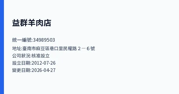 益群羊肉店的照片-統編 34989503(臺南市) 公司登記資料與營業項目詳細圖表