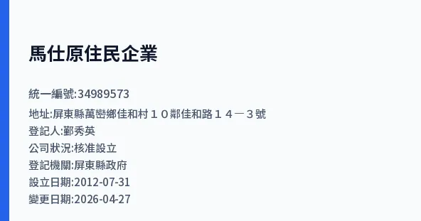馬仕原住民企業的照片-統編 34989573(屏東縣) 公司登記資料與營業項目詳細圖表