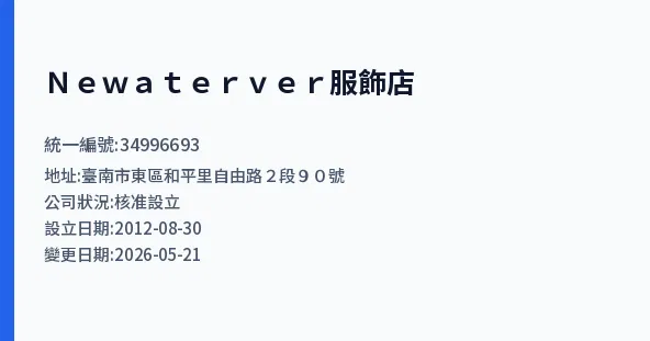 Newaterver服飾店的照片-統編 34996693(臺南市) 公司登記資料與營業項目詳細圖表