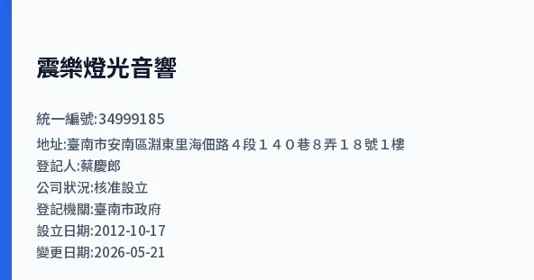 震樂燈光音響的照片-統編 34999185(臺南市) 公司登記資料與營業項目詳細圖表