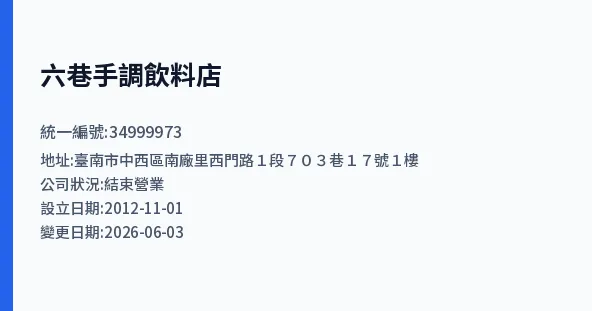 六巷手調飲料店的照片-統編 34999973(臺南市) 公司登記資料與營業項目詳細圖表