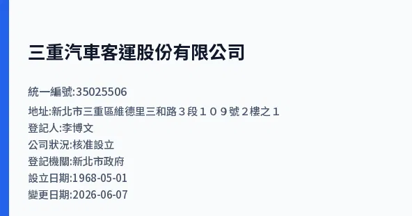 三重汽車客運股份有限公司的照片-統編 35025506(新北市) 公司登記資料與營業項目詳細圖表