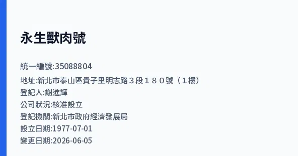 永生獸肉號的照片-統編 35088804(新北市) 公司登記資料與營業項目詳細圖表
