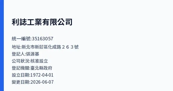 利誌工業有限公司的照片-統編 35163057(新北市) 公司登記資料與營業項目詳細圖表