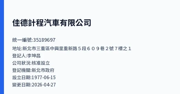 佳德計程汽車有限公司的照片-統編 35189697(新北市) 公司登記資料與營業項目詳細圖表
