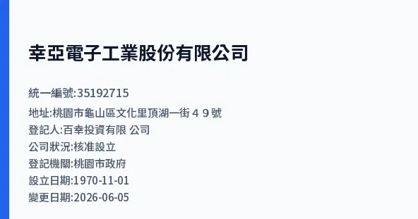 幸亞電子工業股份有限公司的照片-統編 35192715(桃園市) 公司登記資料與營業項目詳細圖表