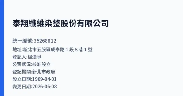 泰翔纖維染整股份有限公司的照片-統編 35268812(新北市) 公司登記資料與營業項目詳細圖表