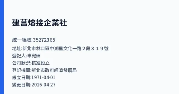 建菖熔接企業社的照片-統編 35272365(新北市) 公司登記資料與營業項目詳細圖表