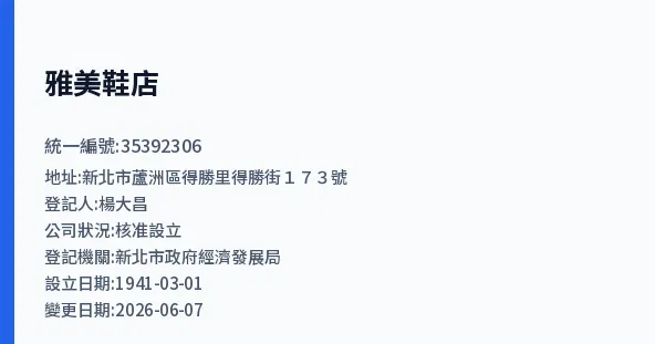 雅美鞋店的照片-統編 35392306(新北市) 公司登記資料與營業項目詳細圖表