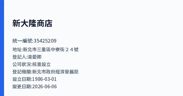 新大隆商店的照片-統編 35425209(新北市) 公司登記資料與營業項目詳細圖表