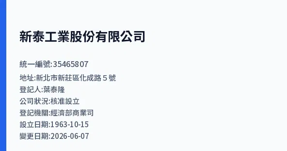 新泰工業股份有限公司的照片-統編 35465807(新北市) 公司登記資料與營業項目詳細圖表