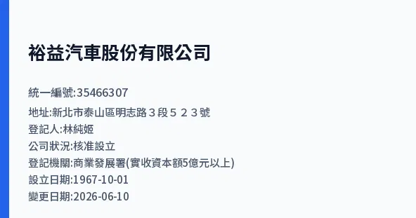裕益汽車股份有限公司的照片-統編 35466307(新北市) 公司登記資料與營業項目詳細圖表