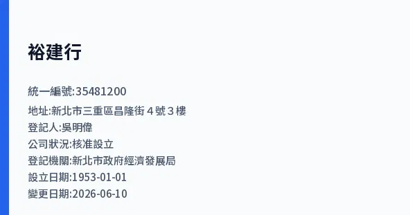 裕建行的照片-統編 35481200(新北市) 公司登記資料與營業項目詳細圖表