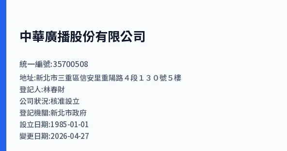 中華廣播股份有限公司的照片-統編 35700508(新北市) 公司登記資料與營業項目詳細圖表