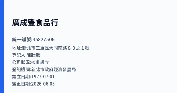 廣成豐食品行的照片-統編 35827506(新北市) 公司登記資料與營業項目詳細圖表