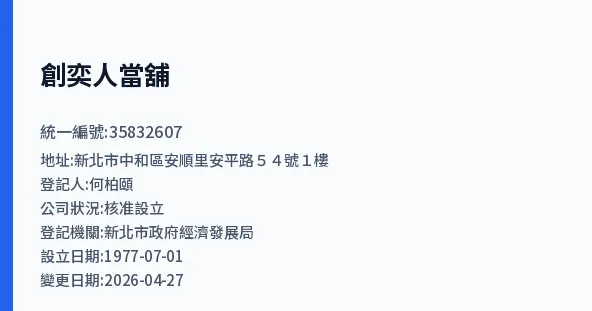 創奕人當舖的照片-統編 35832607(新北市) 公司登記資料與營業項目詳細圖表