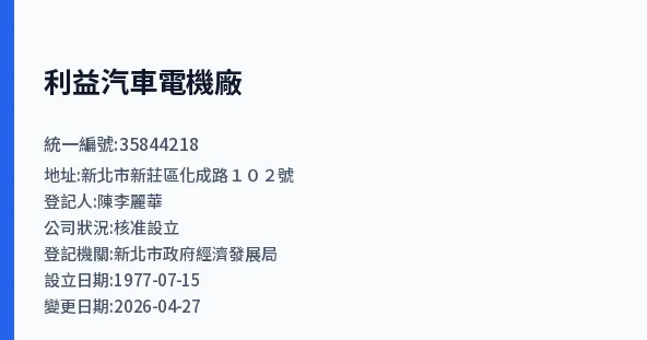 利益汽車電機廠的照片-統編 35844218(新北市) 公司登記資料與營業項目詳細圖表
