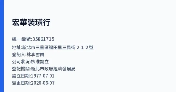 宏華裝璜行的照片-統編 35861715(新北市) 公司登記資料與營業項目詳細圖表