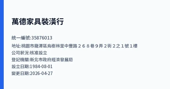 萬德家具裝潢行的照片-統編 35876013(桃園市) 公司登記資料與營業項目詳細圖表