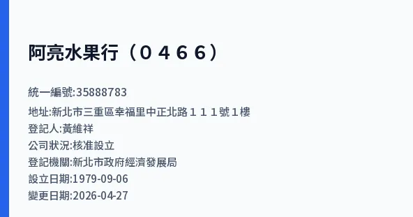 阿亮水果行(0466)的照片-統編 35888783(新北市) 公司登記資料與營業項目詳細圖表