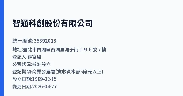 智通科創股份有限公司的照片-統編 35892013(臺北市) 公司登記資料與營業項目詳細圖表
