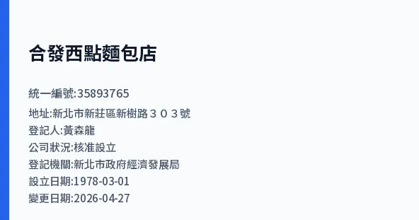 合發西點麵包店的照片-統編 35893765(新北市) 公司登記資料與營業項目詳細圖表