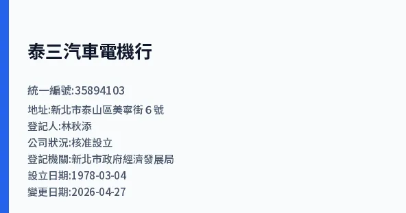泰三汽車電機行的照片-統編 35894103(新北市) 公司登記資料與營業項目詳細圖表