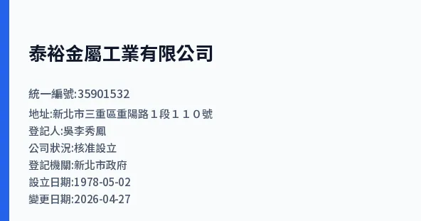 泰裕金屬工業有限公司的照片-統編 35901532(新北市) 公司登記資料與營業項目詳細圖表