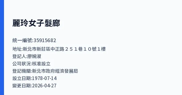 麗玲女子髮廊的照片-統編 35915682(新北市) 公司登記資料與營業項目詳細圖表