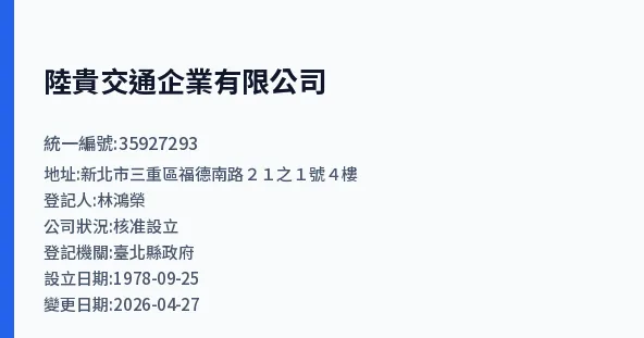 陸貴交通企業有限公司的照片-統編 35927293(新北市) 公司登記資料與營業項目詳細圖表