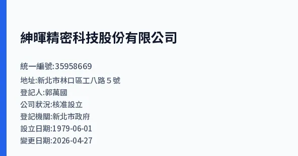 紳暉精密科技股份有限公司的照片-統編 35958669(新北市) 公司登記資料與營業項目詳細圖表