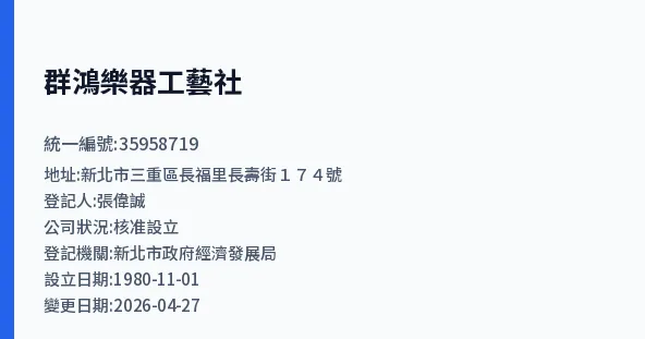 群鴻樂器工藝社的照片-統編 35958719(新北市) 公司登記資料與營業項目詳細圖表