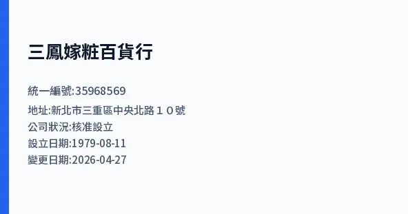 三鳳嫁粧百貨行的照片-統編 35968569(新北市) 公司登記資料與營業項目詳細圖表