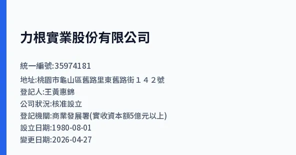 力根實業股份有限公司的照片-統編 35974181(桃園市) 公司登記資料與營業項目詳細圖表
