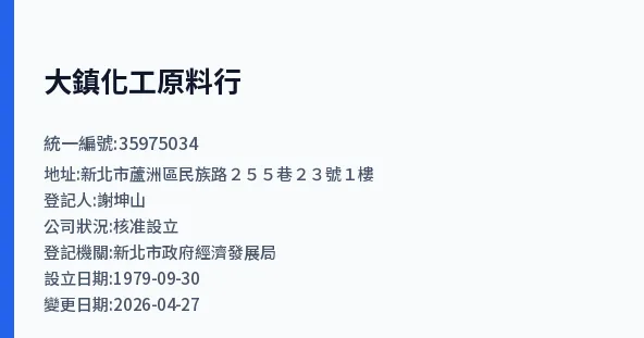 大鎮化工原料行的照片-統編 35975034(新北市) 公司登記資料與營業項目詳細圖表
