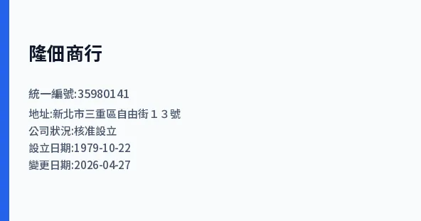 隆佃商行的照片-統編 35980141(新北市) 公司登記資料與營業項目詳細圖表