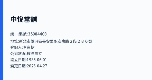 中悅當舖的照片-統編 35984408(新北市) 公司登記資料與營業項目詳細圖表
