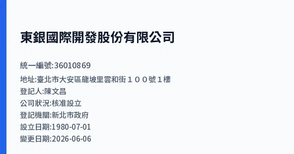 東銀國際開發股份有限公司的照片-統編 36010869(臺北市) 公司登記資料與營業項目詳細圖表