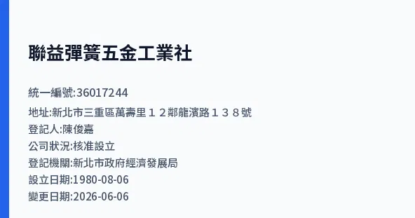 聯益彈簧五金工業社的照片-統編 36017244(新北市) 公司登記資料與營業項目詳細圖表