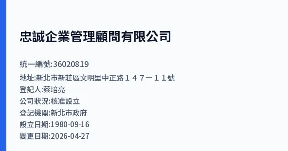 忠誠企業管理顧問有限公司的照片-統編 36020819(新北市) 公司登記資料與營業項目詳細圖表