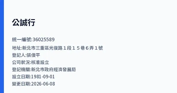 公誠行的照片-統編 36025589(新北市) 公司登記資料與營業項目詳細圖表