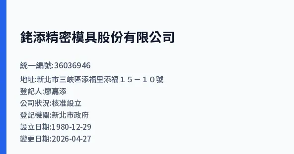 銠添精密模具股份有限公司的照片-統編 36036946(新北市) 公司登記資料與營業項目詳細圖表