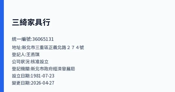 三綺家具行的照片-統編 36065131(新北市) 公司登記資料與營業項目詳細圖表