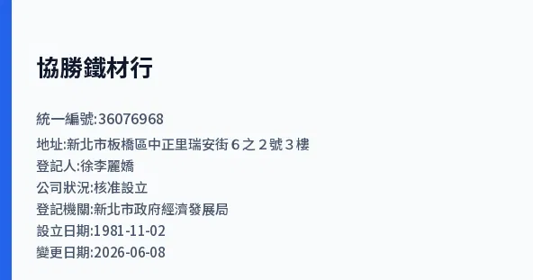 協勝鐵材行的照片-統編 36076968(新北市) 公司登記資料與營業項目詳細圖表