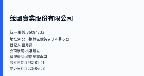 競國實業股份有限公司的照片-統編 36084833(新北市) 公司登記資料與營業項目詳細圖表